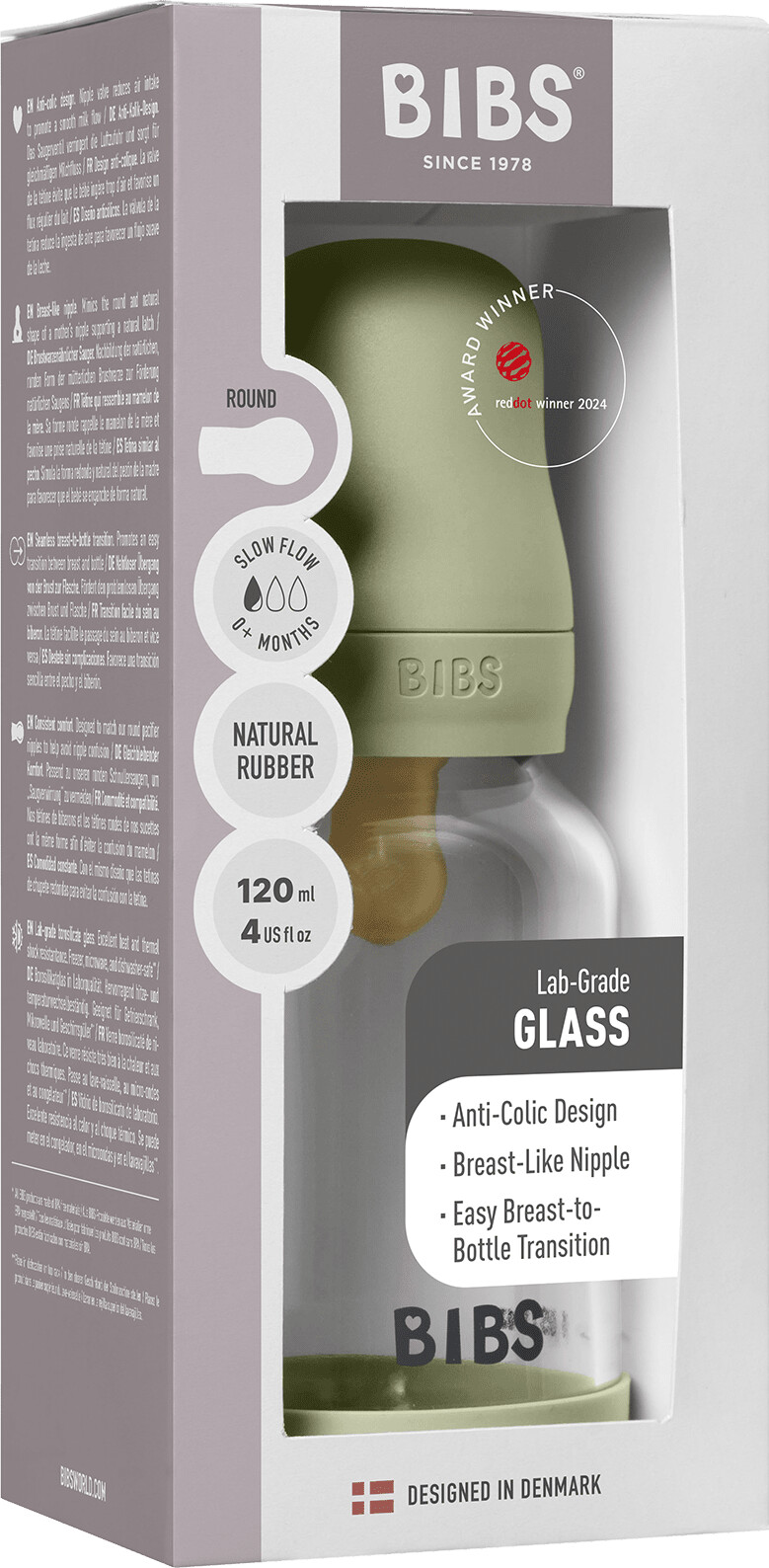 Køb Bibs - Glass Baby Bottle Round Latex Slow Flow - Sage - 120 Ml ...