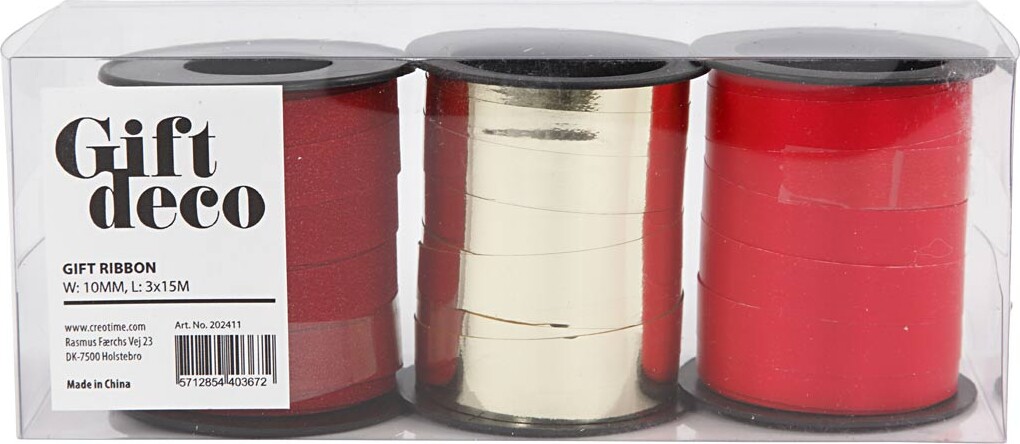 Køb Gavebånd - Guld - Rød - Rød Glitter - B 10 Mm - 3x15 M fra Creativ ...