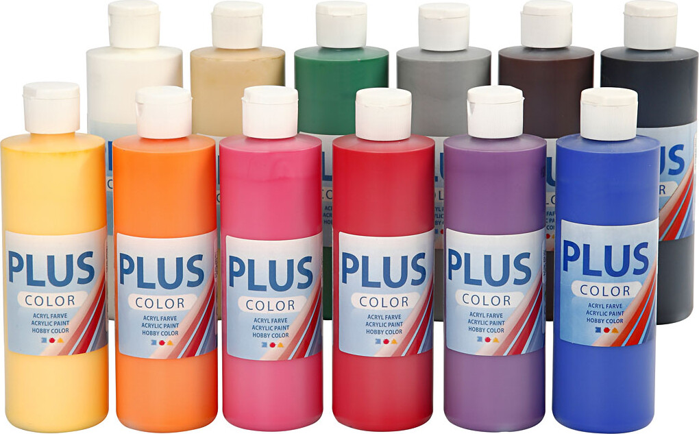 Plus Color Hobbymaling - Akrylfarver - Standardfarver Sæt - 12x250 Ml ...