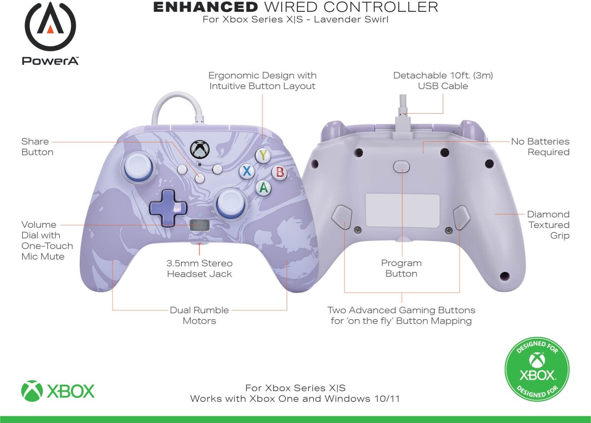 Køb Powera Enhanced Wired Controller - Xbox Series X/s - Lavender Swirl ...
