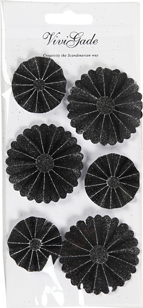 Køb Rosetter - ø 35+50 Mm - Sort Glitter - 6 Stk fra Vivi Gade - Gucca.dk